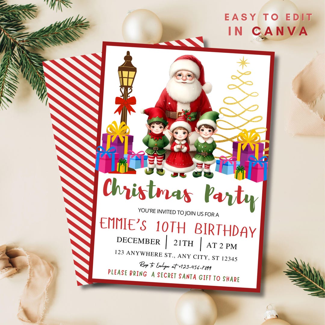Santa Christmas Birthday Invitation Elf Christmas Party Invitation Elf ...
