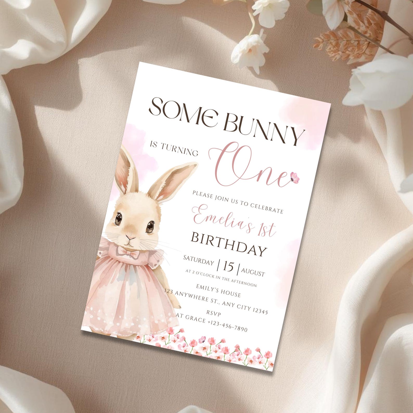 Some Bunny is Turning One Invitation, Bunny First Birthday Invite, Pink ...
