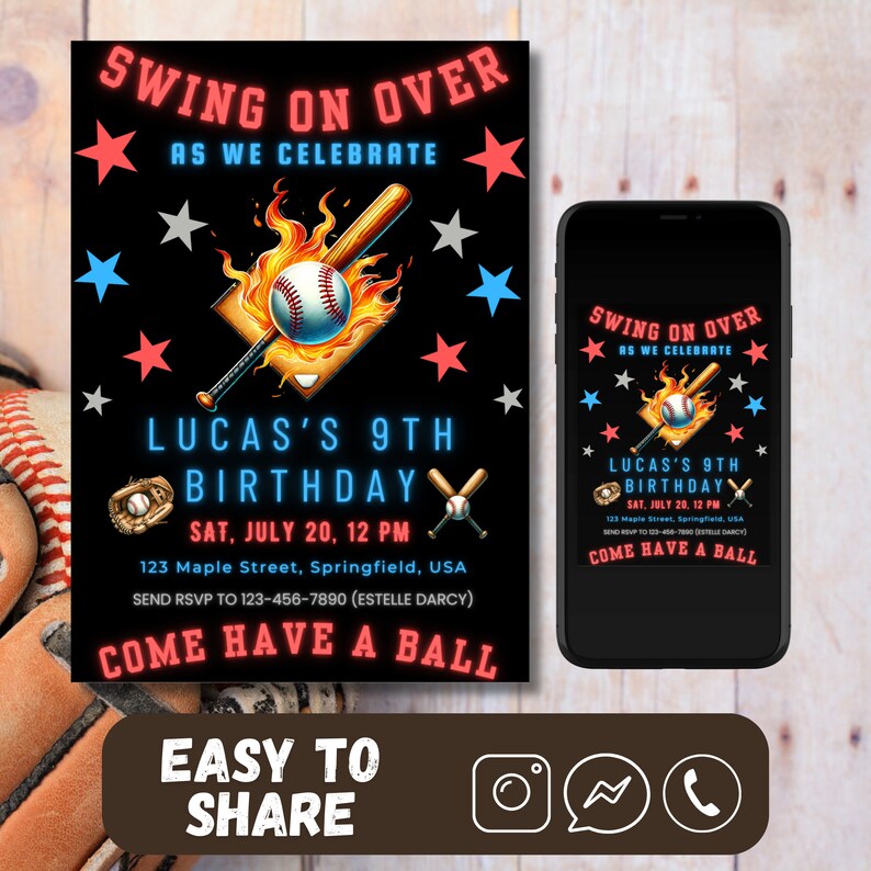 Baseball Birthday Invite, Baseball Invite, Blue Red Boy Birthday Invite ...