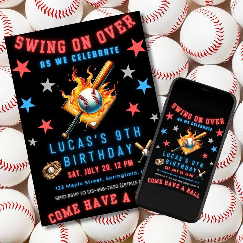 Baseball Birthday Invite, Baseball Invite, Blue Red Boy Birthday Invite ...