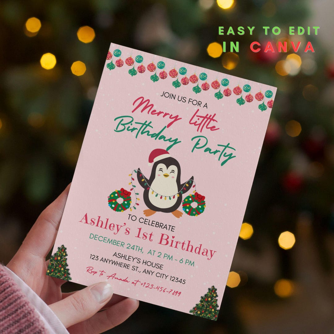 Editable Merry Little Christmas Party Invitation, Girl Christmas 1st ...