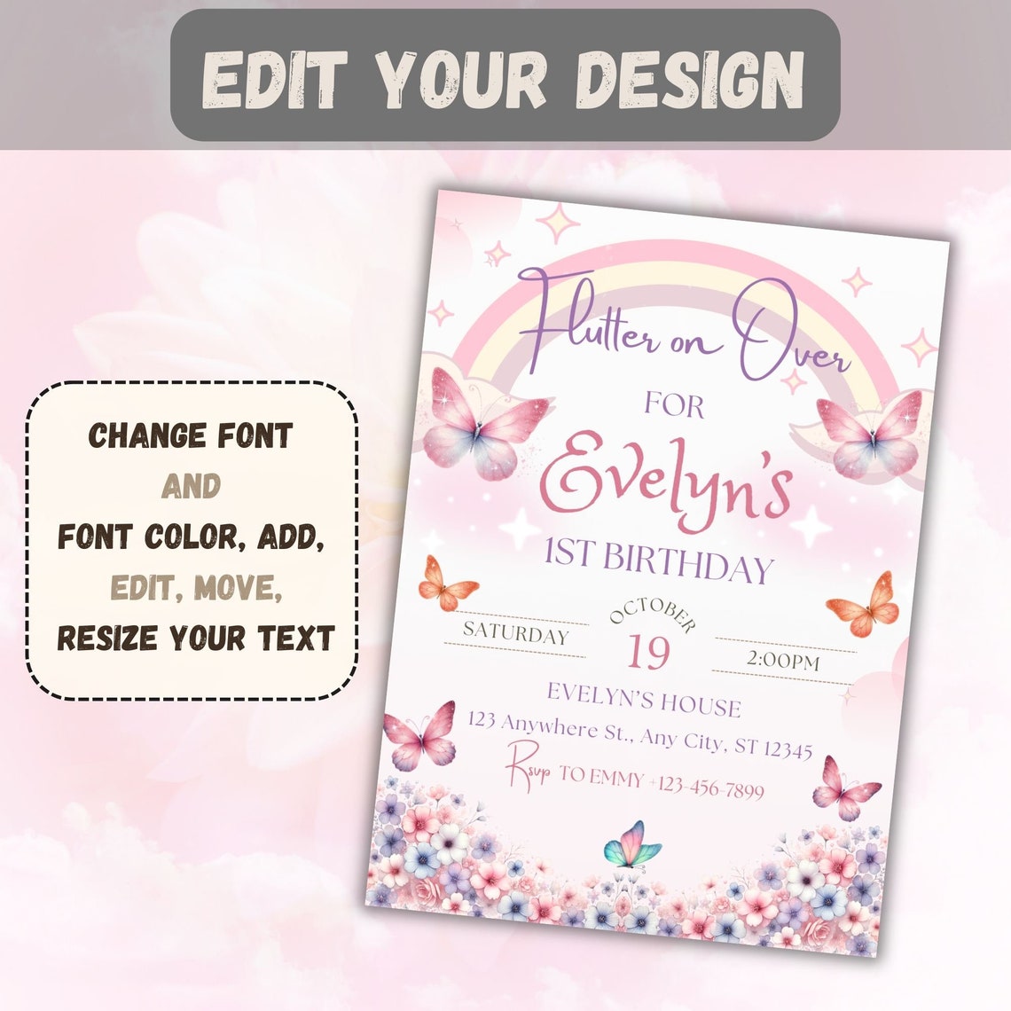 Butterfly Birthday Invitation, Pink Butterfly Party Invite, Butterfly ...