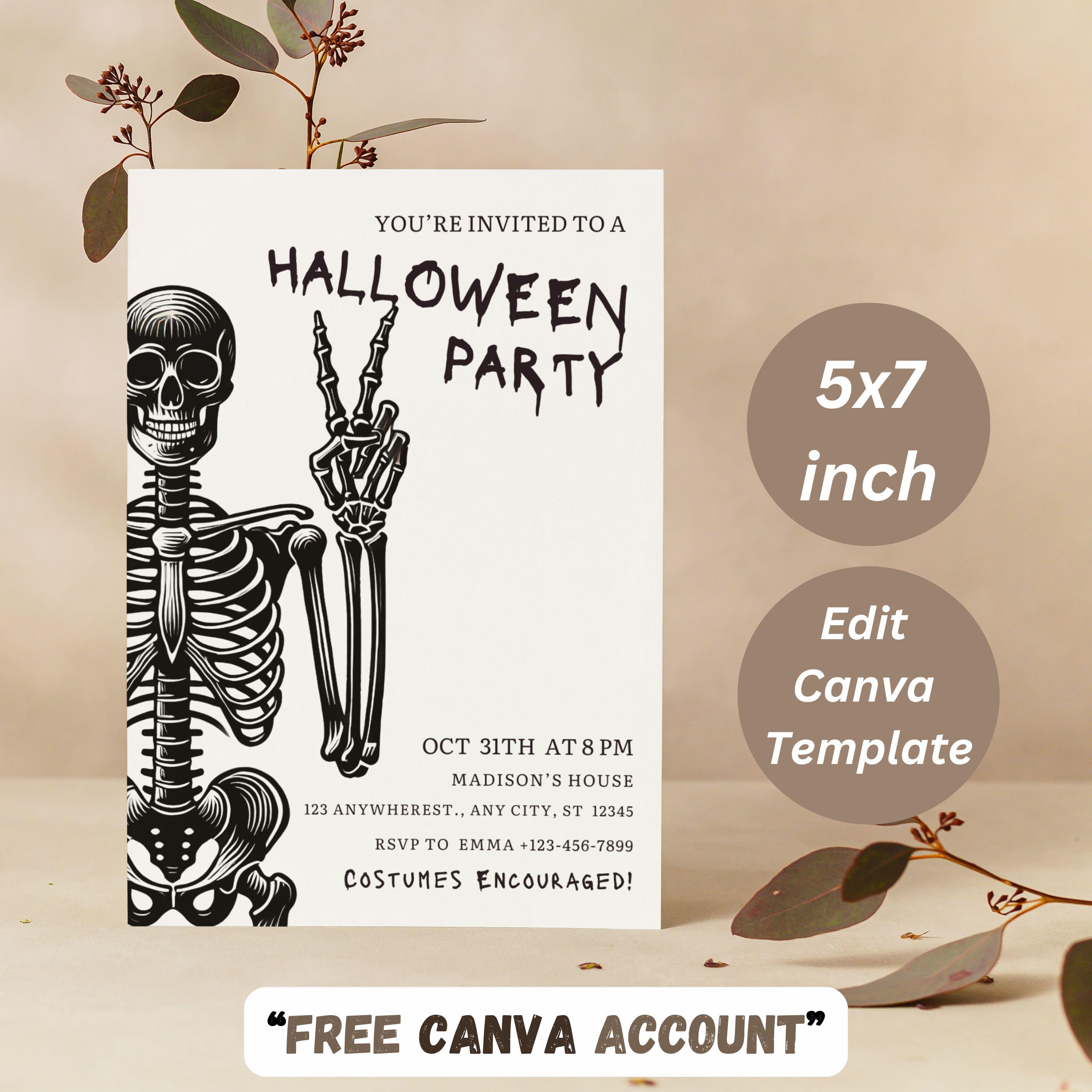 Editable Skeleton Halloween Party Invitation, Costumes Invitation ...