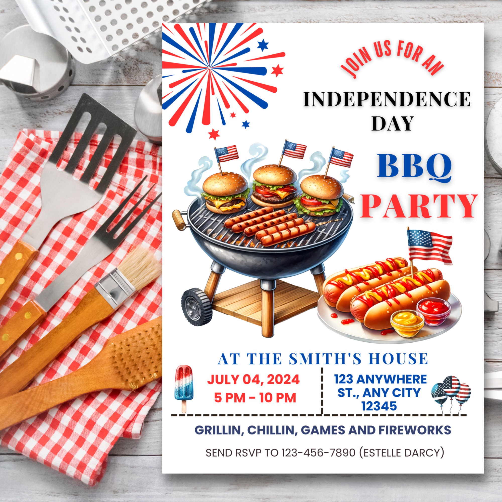 Editable 4th of July BBQ Invitation, Grill Invite, Backyard BBQ Invite ...