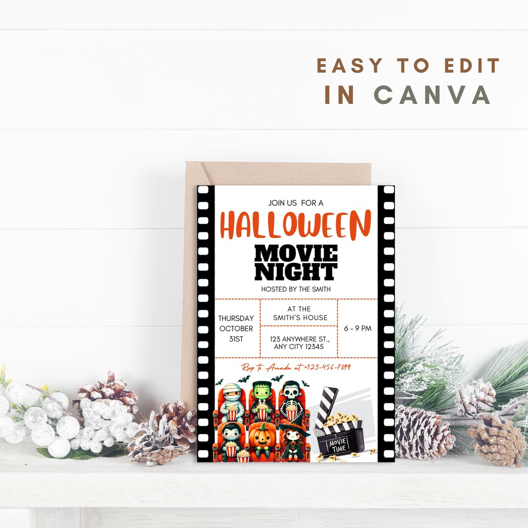 Editable Halloween Movie Night Invitation, Family Halloween Costume ...