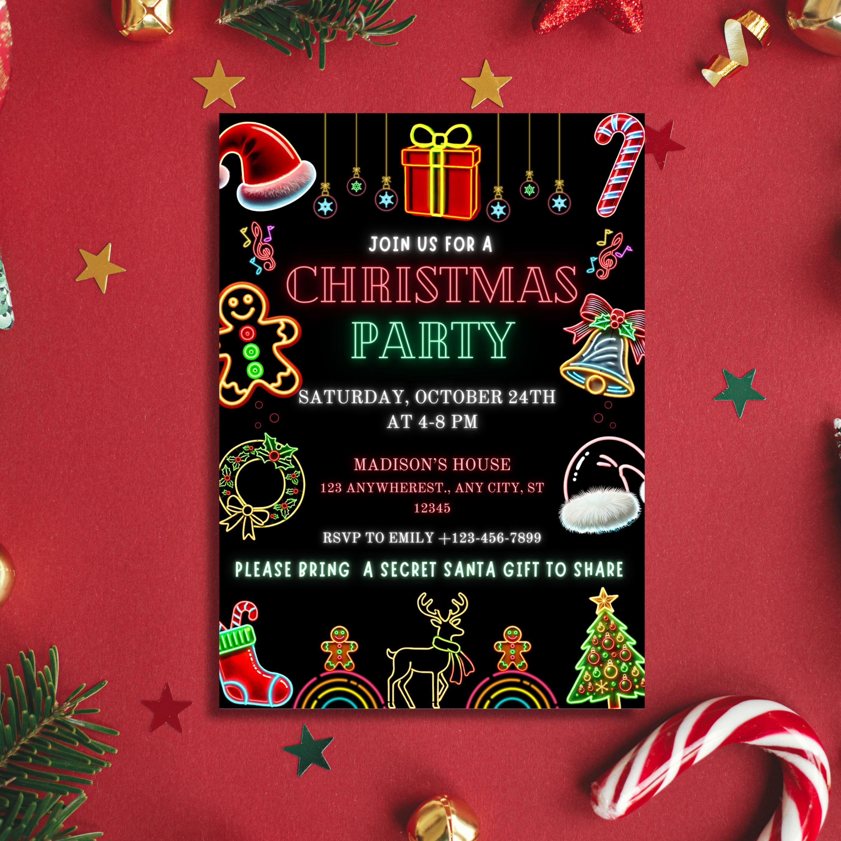 Editable Neon Christmas Party Invite, Glow Christmas Birthday Invite ...