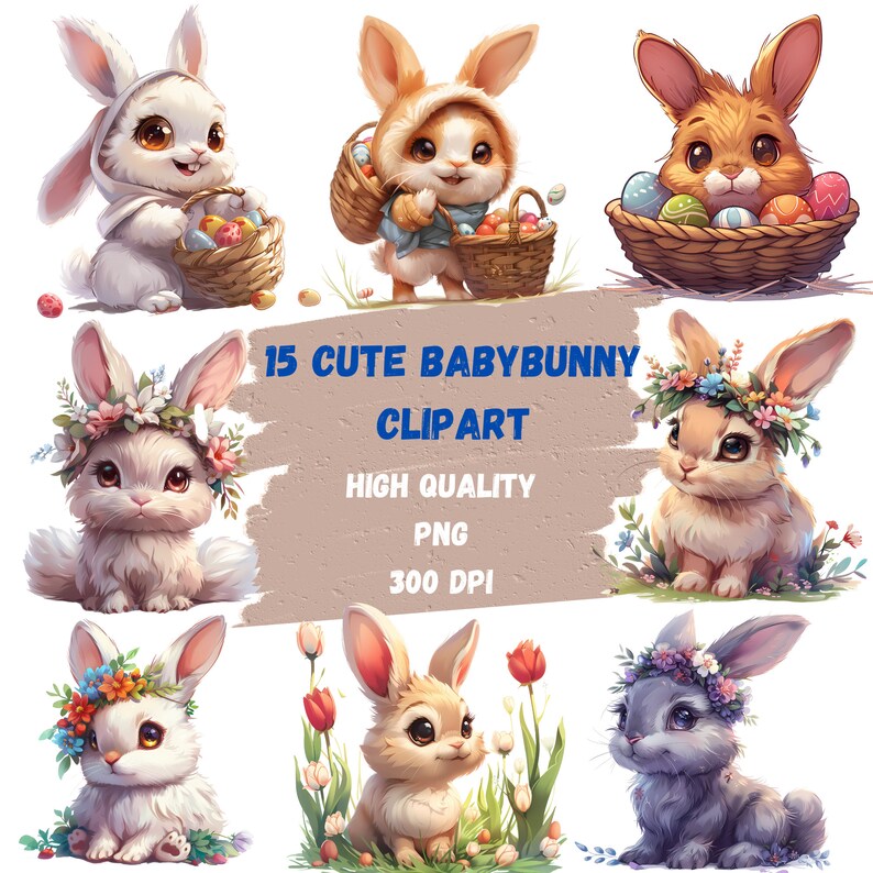 15 Watercolor Bunny Clipart, Cute Bunny PNG, High-quality, Spring Bunny ...