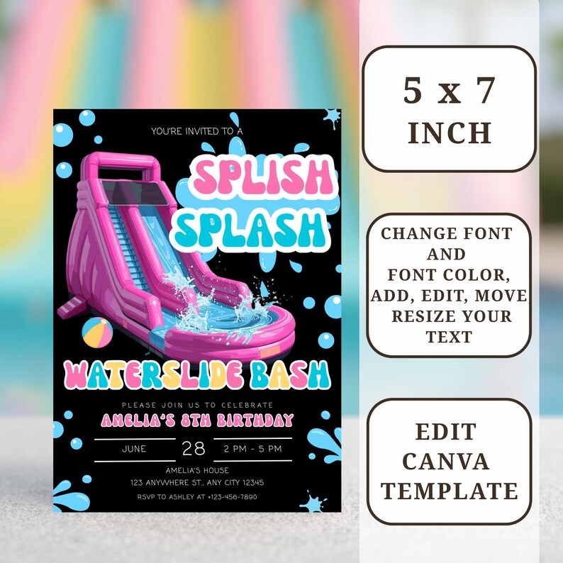 Editable Waterslide Birthday Invitation, Splash Pool Party Invite for ...
