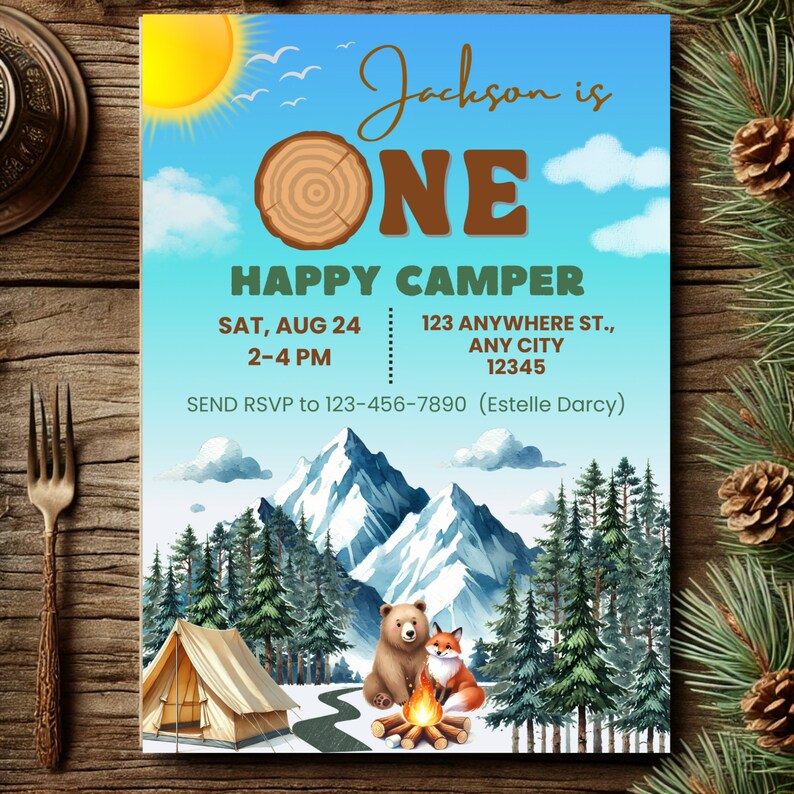 Happy Camper Birthday Invitation, Camping Birthday Invite, 1st Birthday Invite, S'mores Party ...