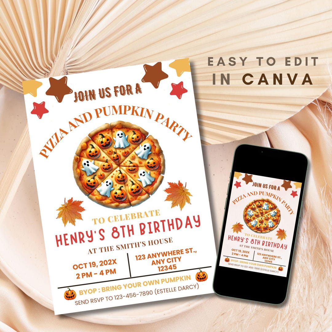 Editable Pizza and Pumpkin Carving Party Invitation Pumpkin Birthday ...