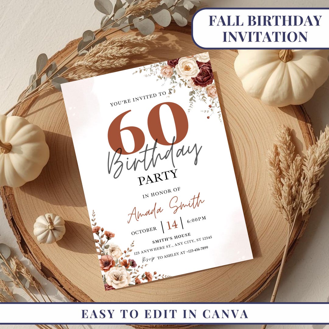 Floral Birthday Invitation Editable 60th Any Age Birthday Invite ...