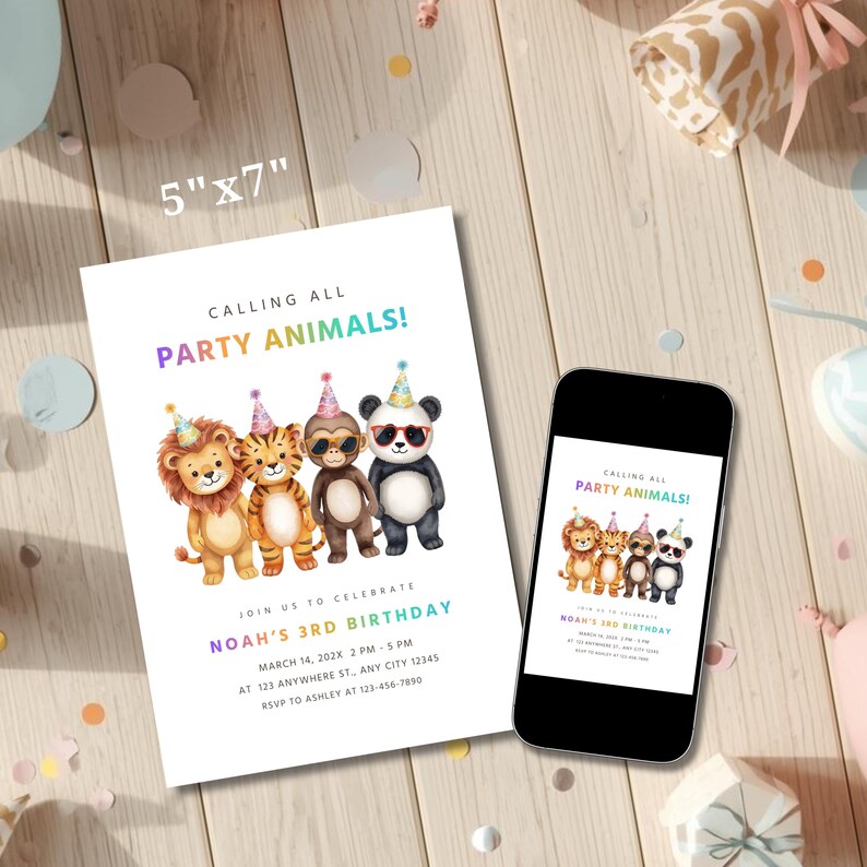 Editable Calling All Party Animal Kids Birthday Invitation, Cute ...