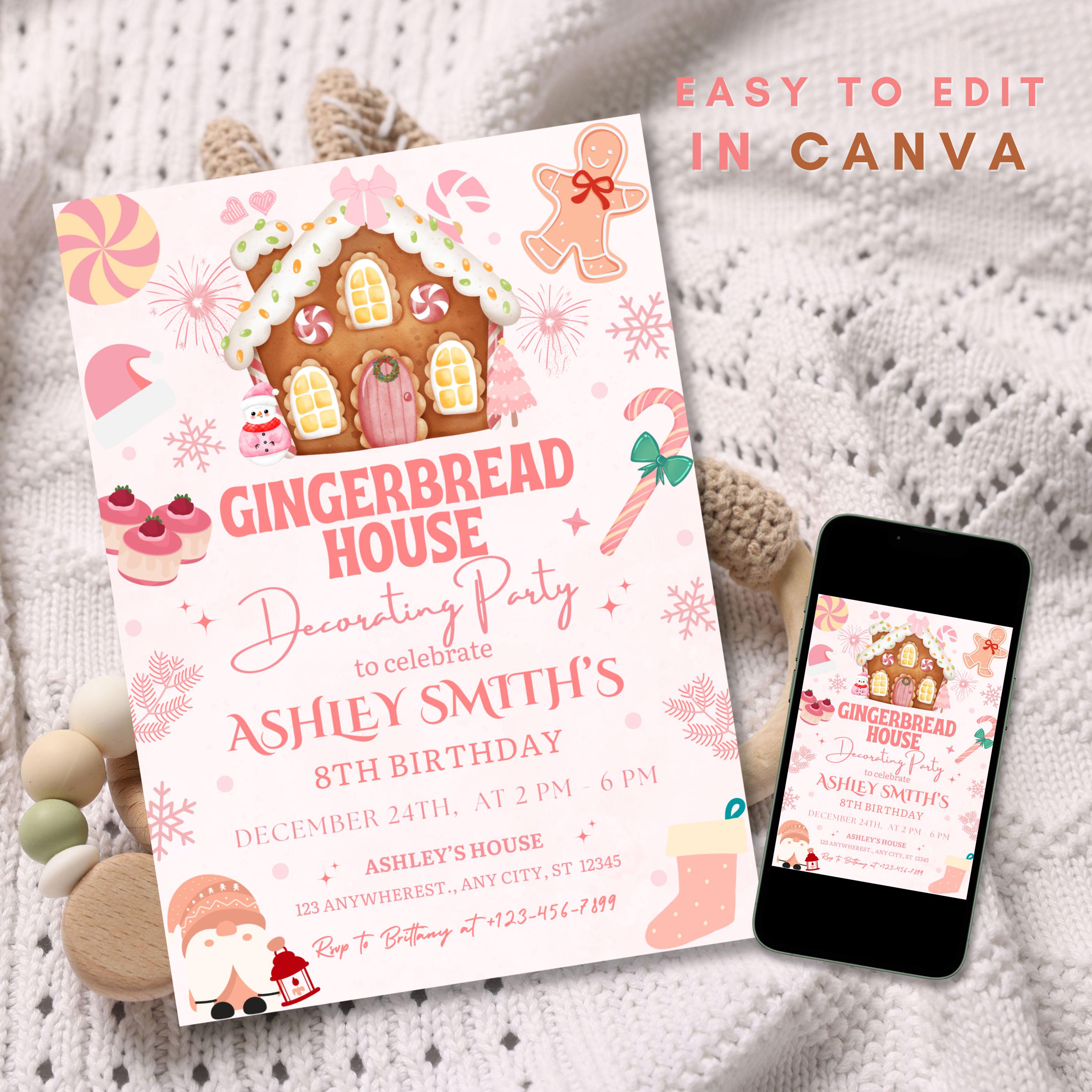 Gingerbread House Birthday Party Invite, Pink Christmas Birthday Cookie ...