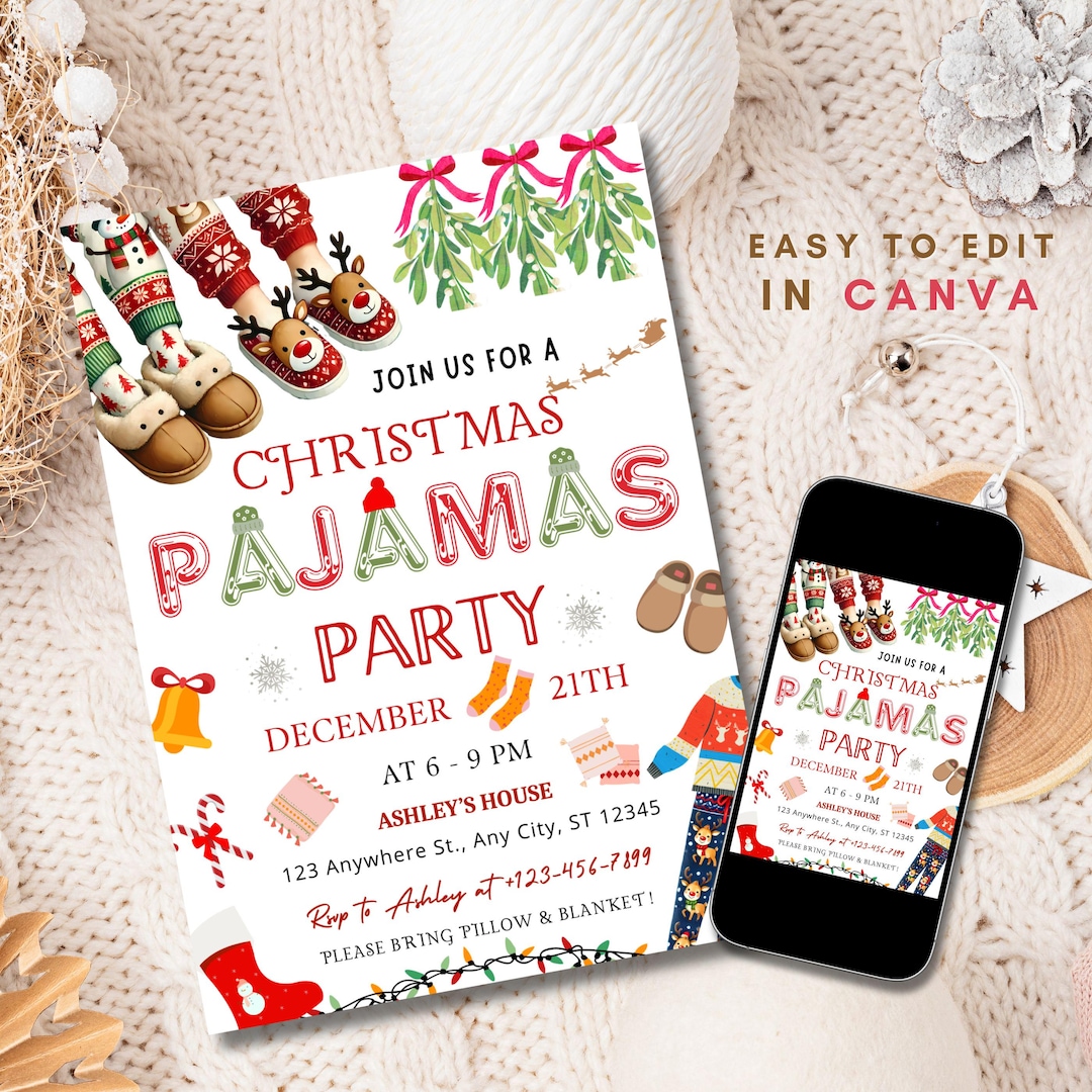 Editable Christmas Pajamas Party Invitation, Holiday Pajamas Party ...