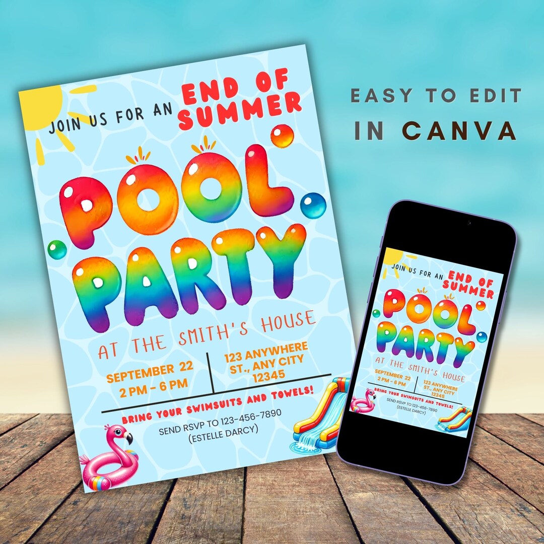 End of Summer Party, Pool Party Invite, Back to School Party, Goodbye ...