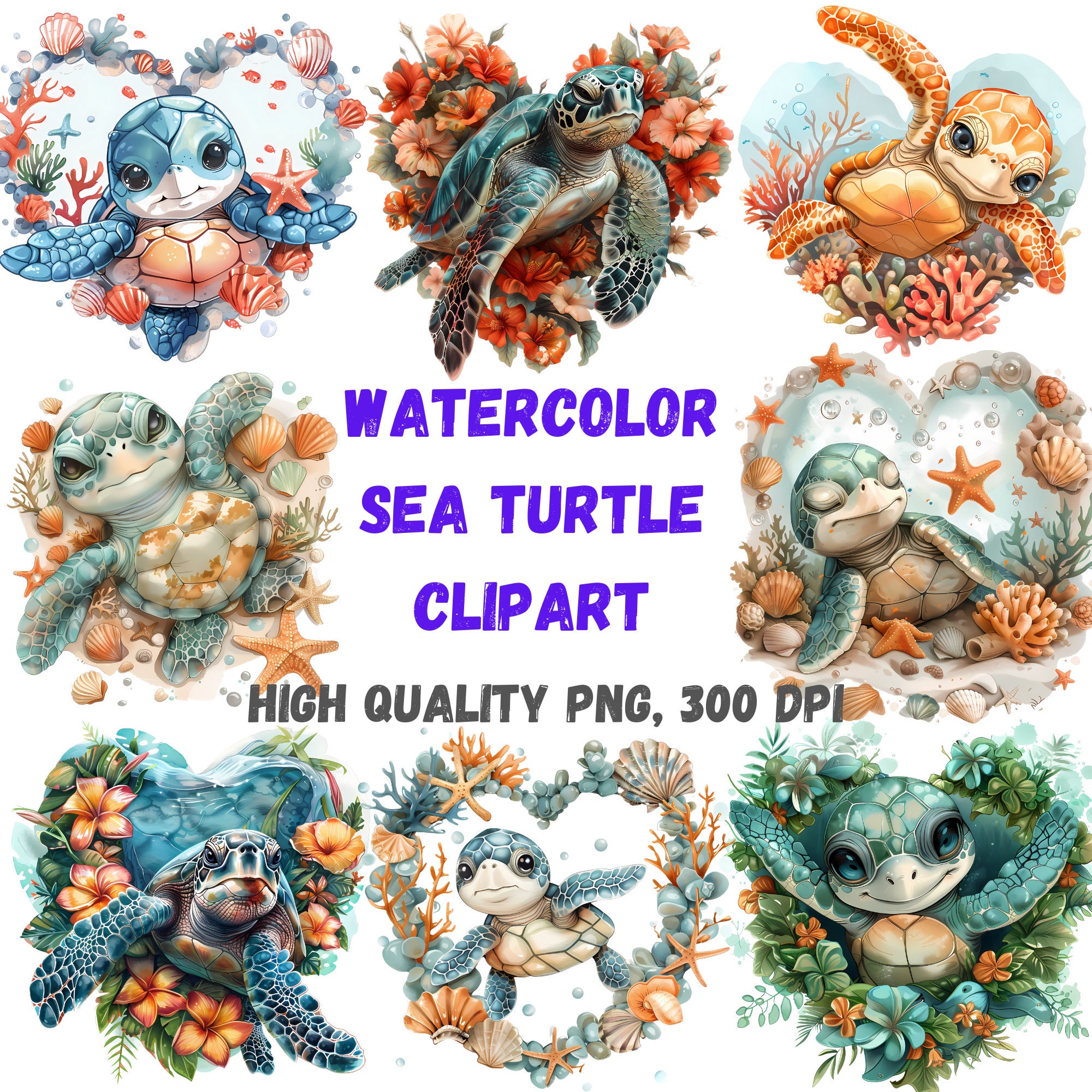 16 Watercolor Sea Turtle Clipart in Heart Shape, Summer Clipart, Ocean ...
