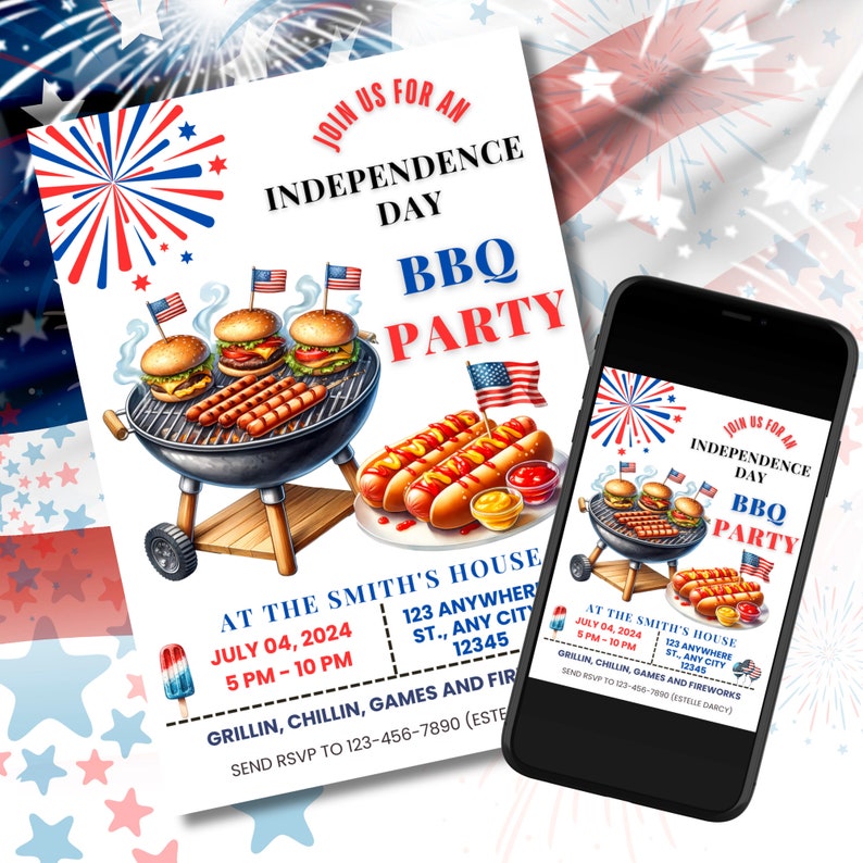 Editable 4th of July BBQ Invitation, Grill Invite, Backyard BBQ Invite ...