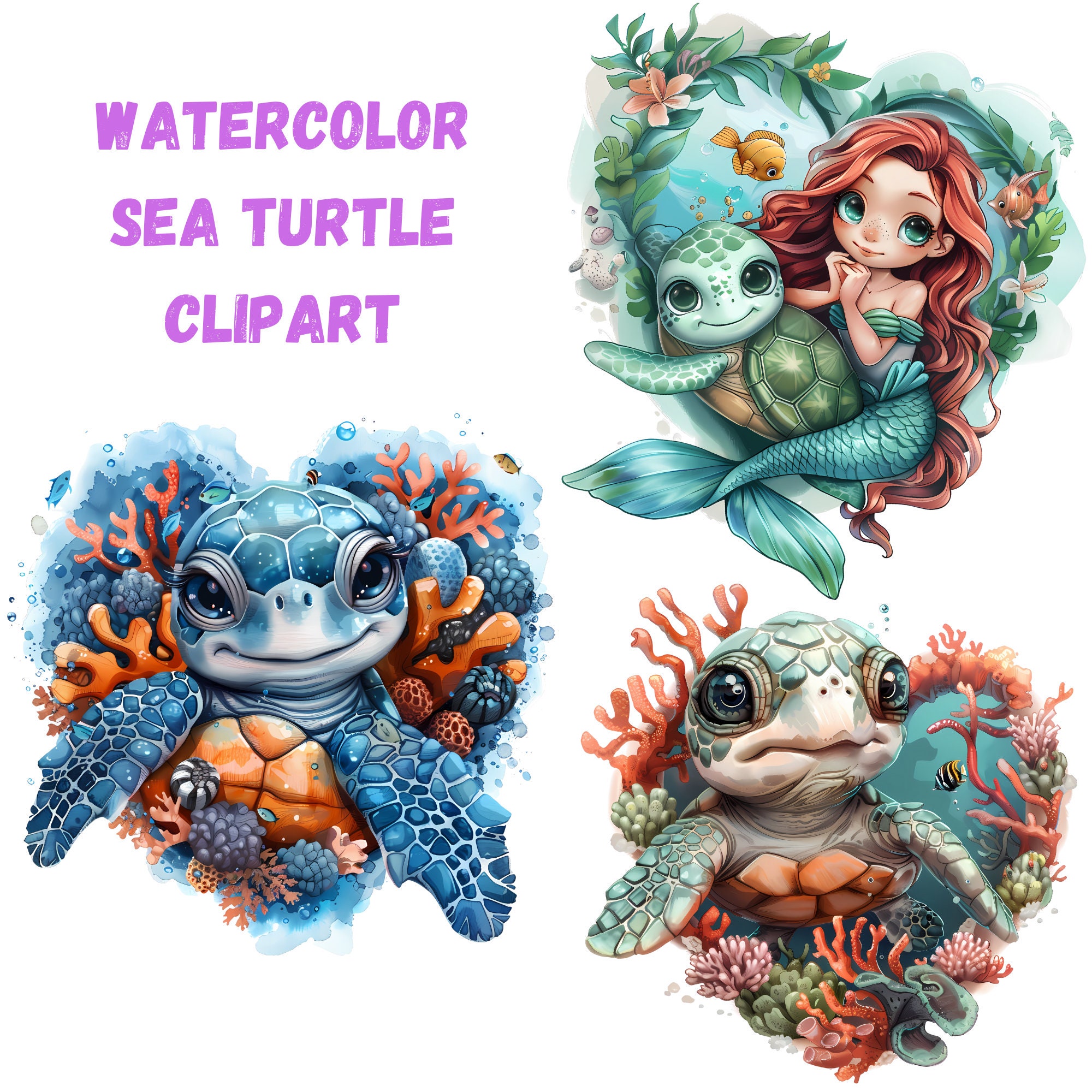 16 Watercolor Sea Turtle Clipart in Heart Shape, Summer Clipart, Ocean ...