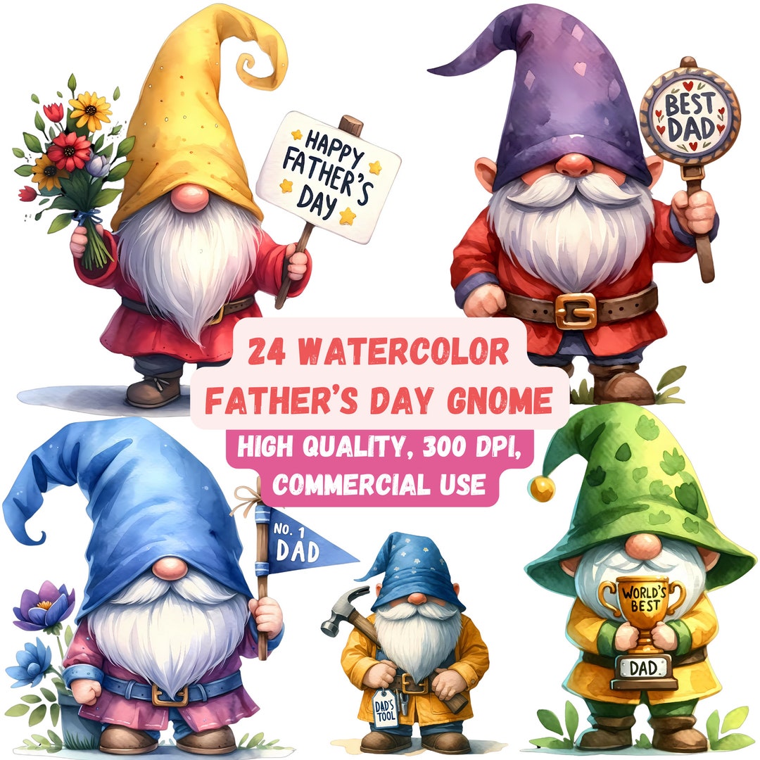 Watercolor Fathers Day Gnomes Clipart, 24 Cute Gnome PNG, Father's Day ...
