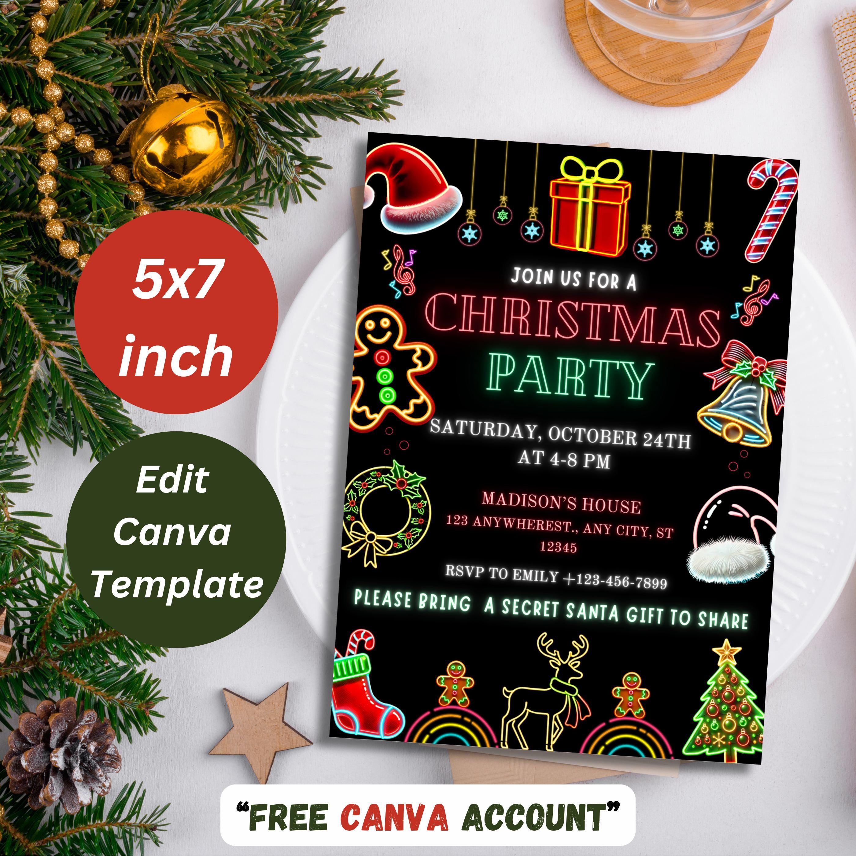 Editable Neon Christmas Party Invite, Glow Christmas Birthday Invite ...