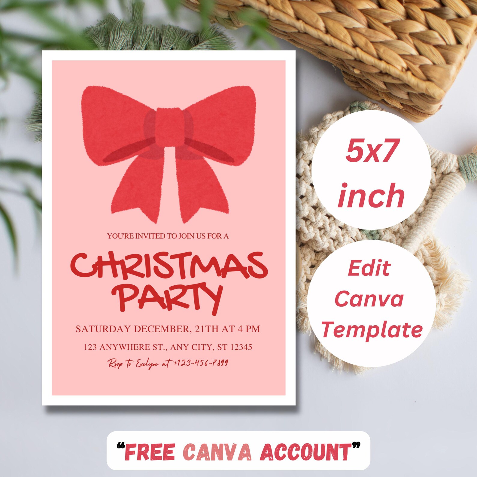 Red Bow Christmas Party Invitation, Editable Holiday Party Invite ...