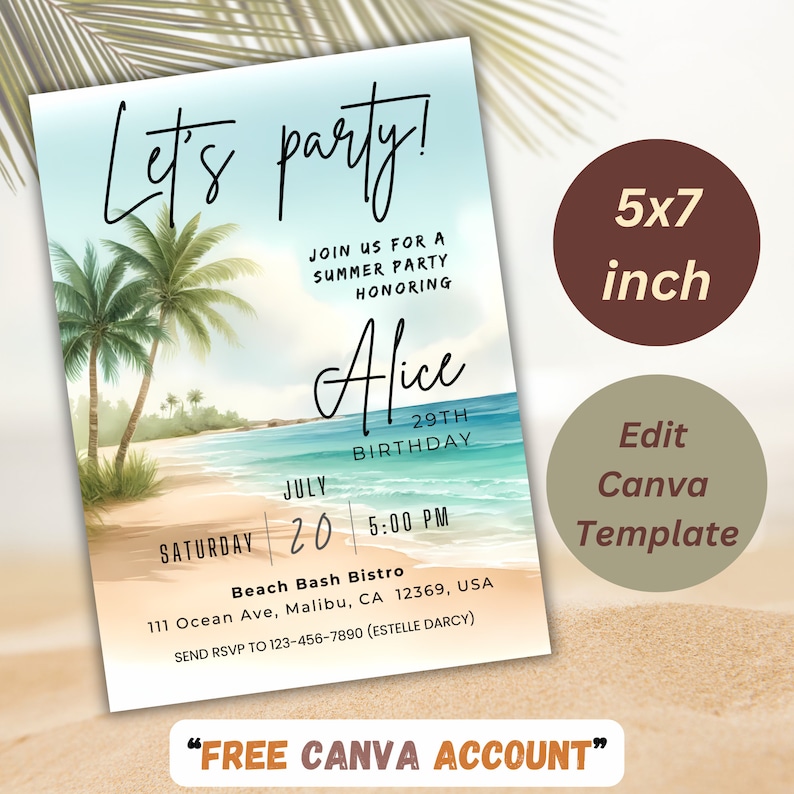 Editable Beach Party Invite, Beach Birthday Invite Beach Summer Party ...