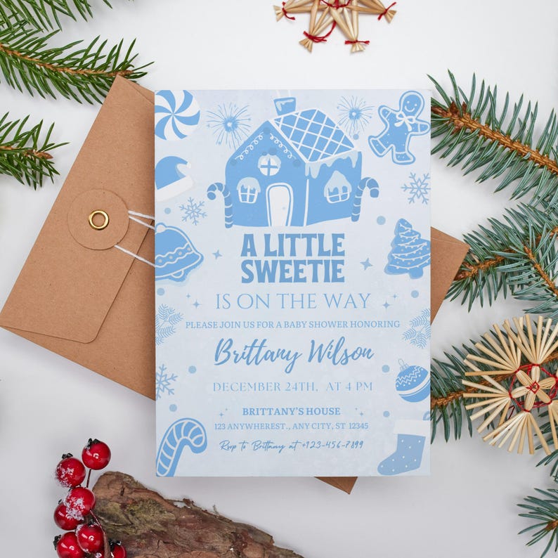 Blue Gingerbread House Baby Shower Invite, Editable Christmas Baby ...