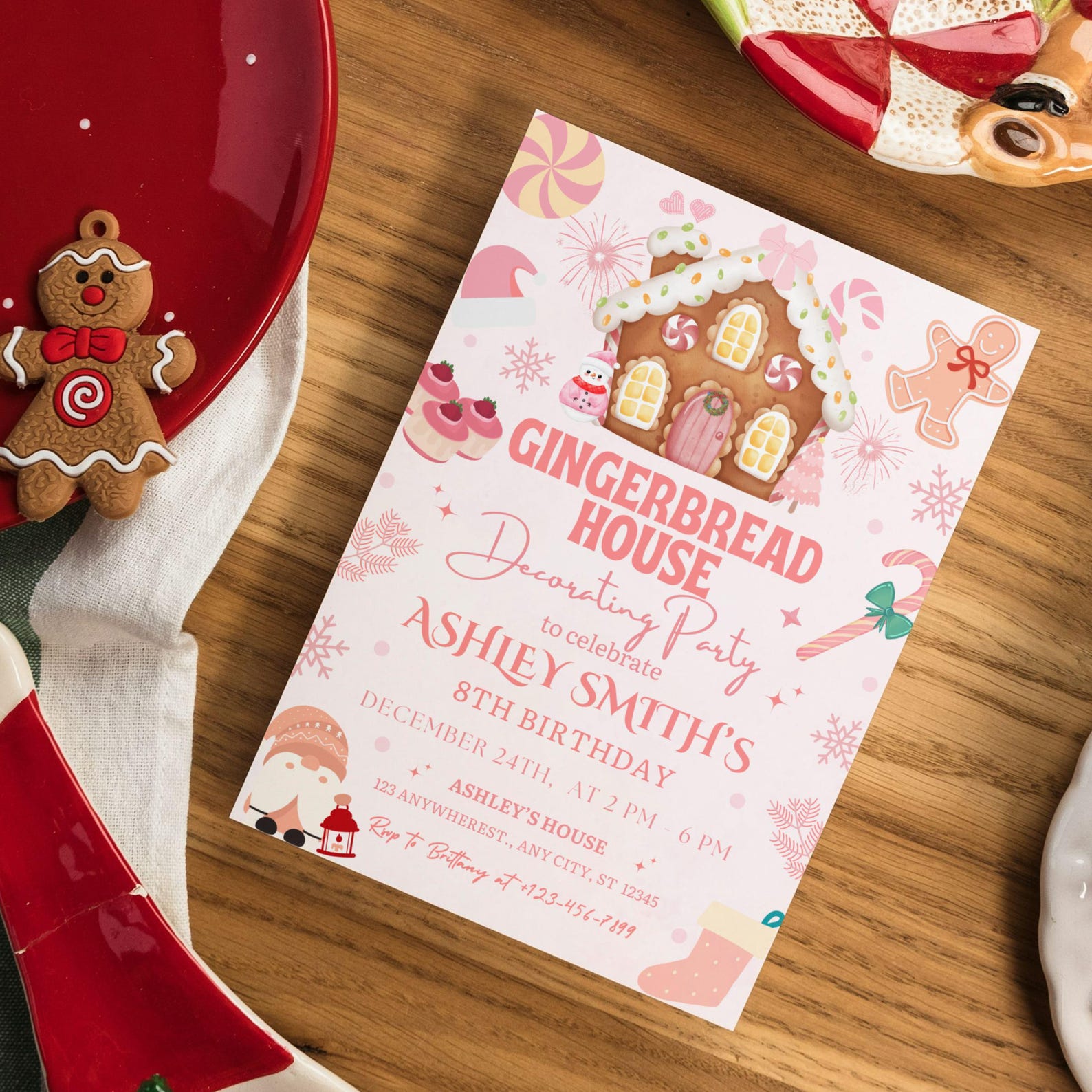 Gingerbread House Birthday Party Invite, Pink Christmas Birthday Cookie ...