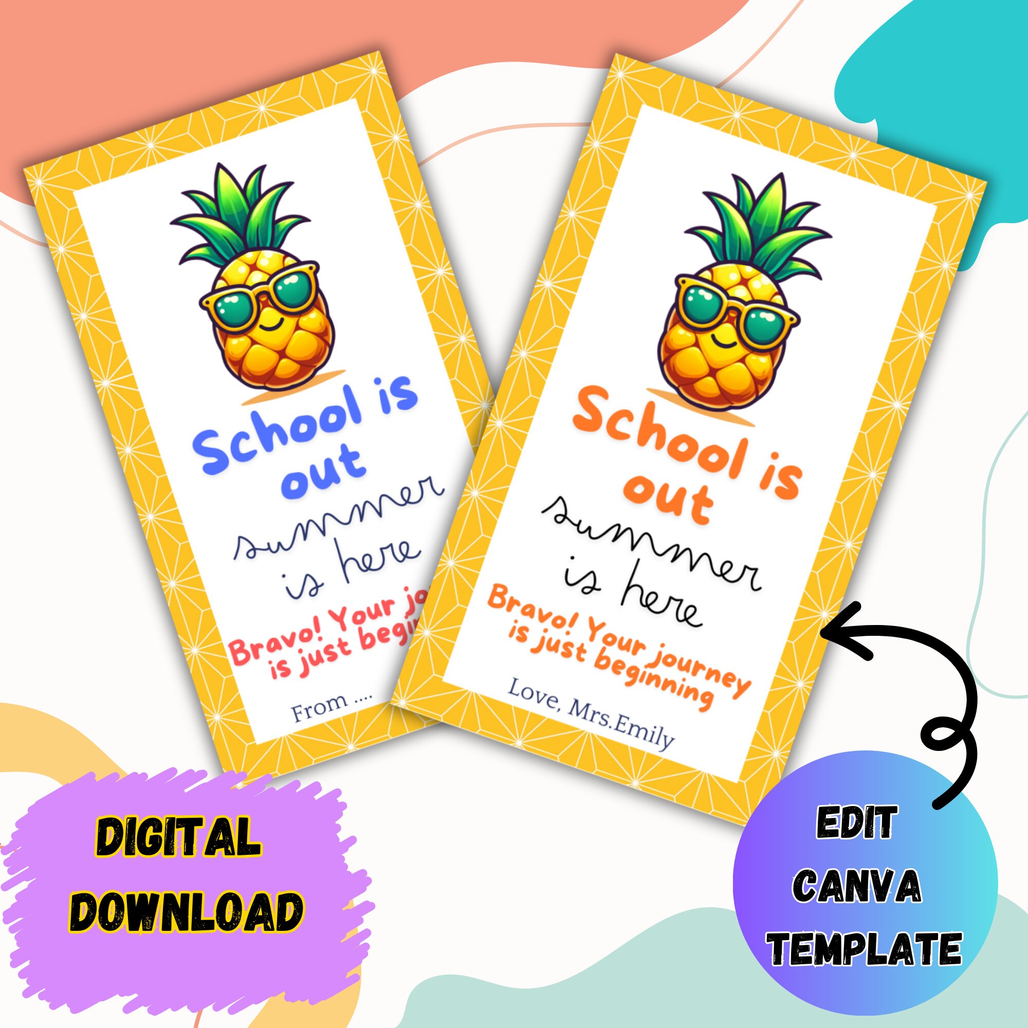 School is Out Summer is Here Tag Thank You Gift Tag Editable Pineapple ...