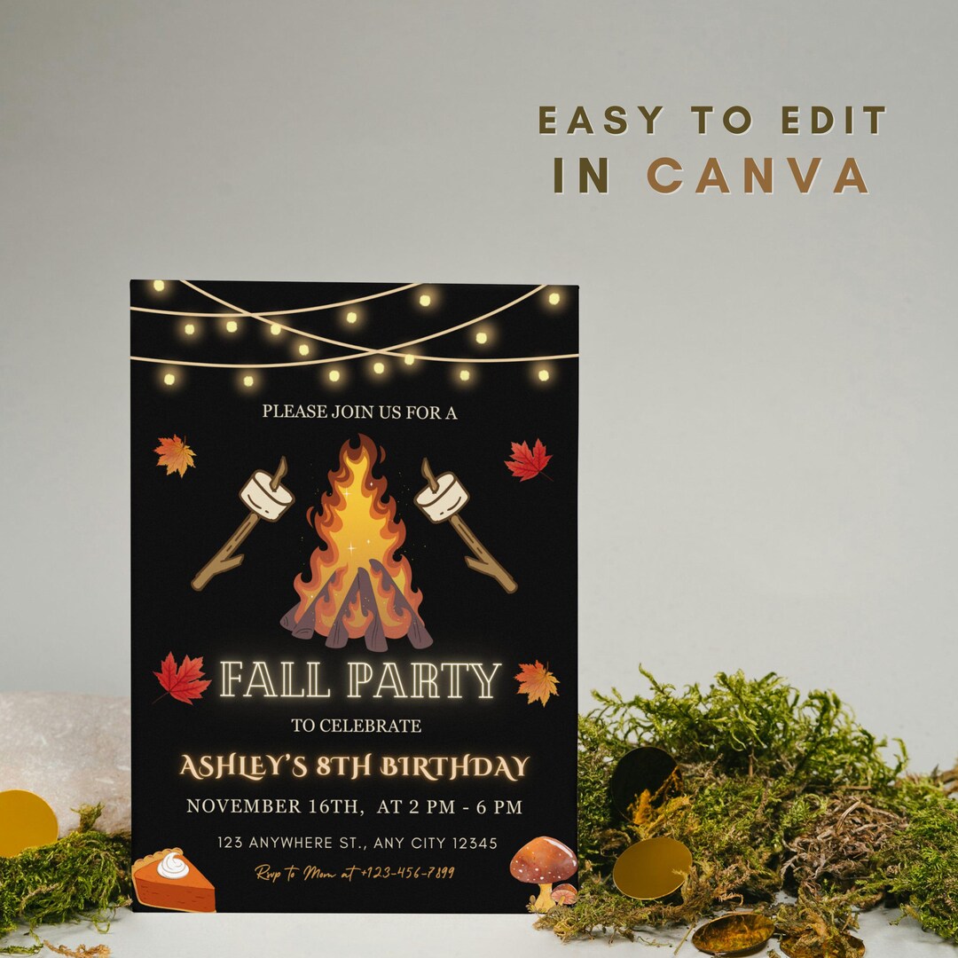 Editable Fall Party Invite, Fall Harvest Party Autumn Birthday Bonfire ...