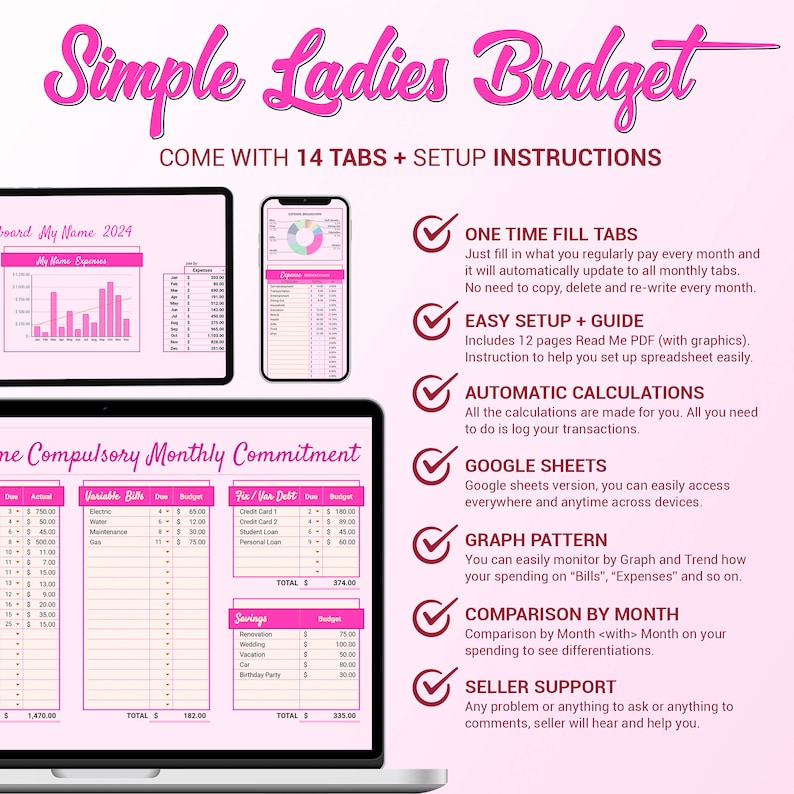 Pink Ladies Budget Planner: Annual Google Sheets Template (digital ...