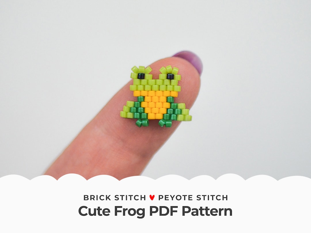 Cute Frog Brick Stitch Pattern, Mini Peyote Stitch Earrings, Green Kawaii Seed Beads Graph for ...