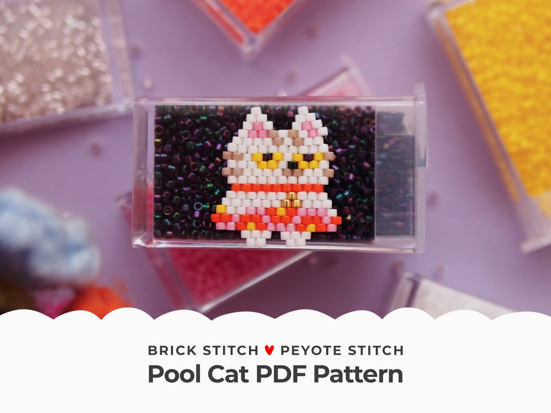 Pool Cat Brick Stitch Pattern, Swimming Kitten Peyote Stitch Charm ...