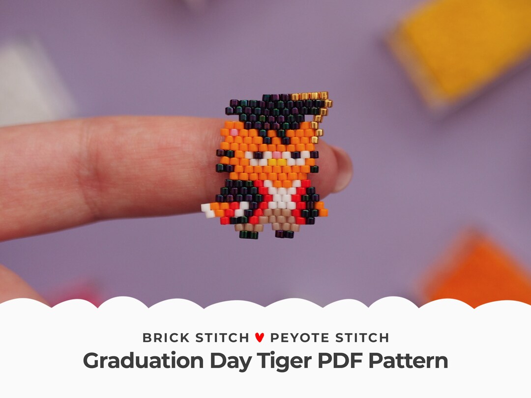 Graduation Day Tiger Brick Stitch Pattern, Ginger Cat Student Peyote ...