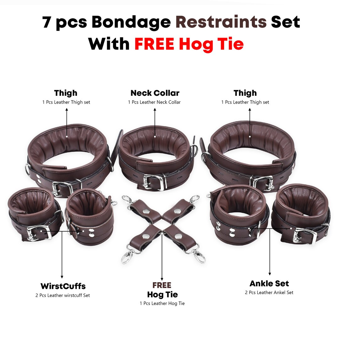 Real Cow Leather Restraints 7PC Harness Set for Women/ Men Padded Wrist ...