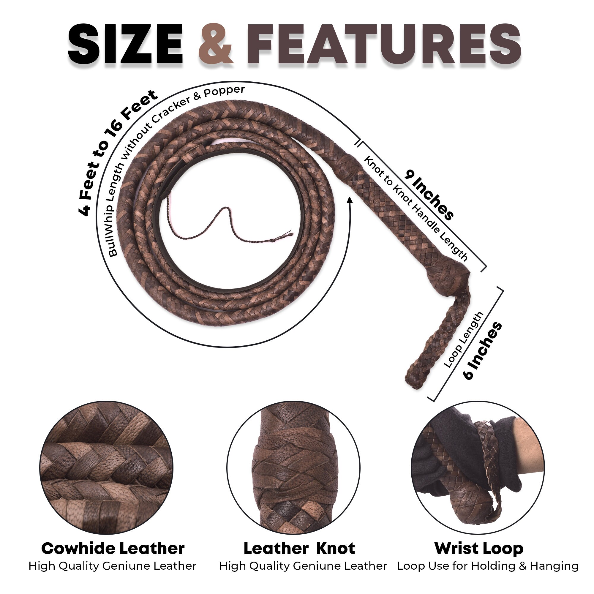 Leather Bullwhip Kangaroo Hide Leather Bullwhip 04ft to 16ft Long ...
