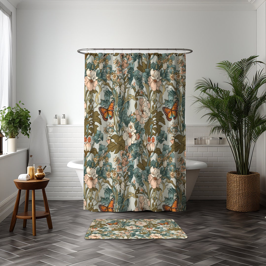 Butterfly Muted Ivy Floral Print Shower Curtain | William Morris Earthy ...