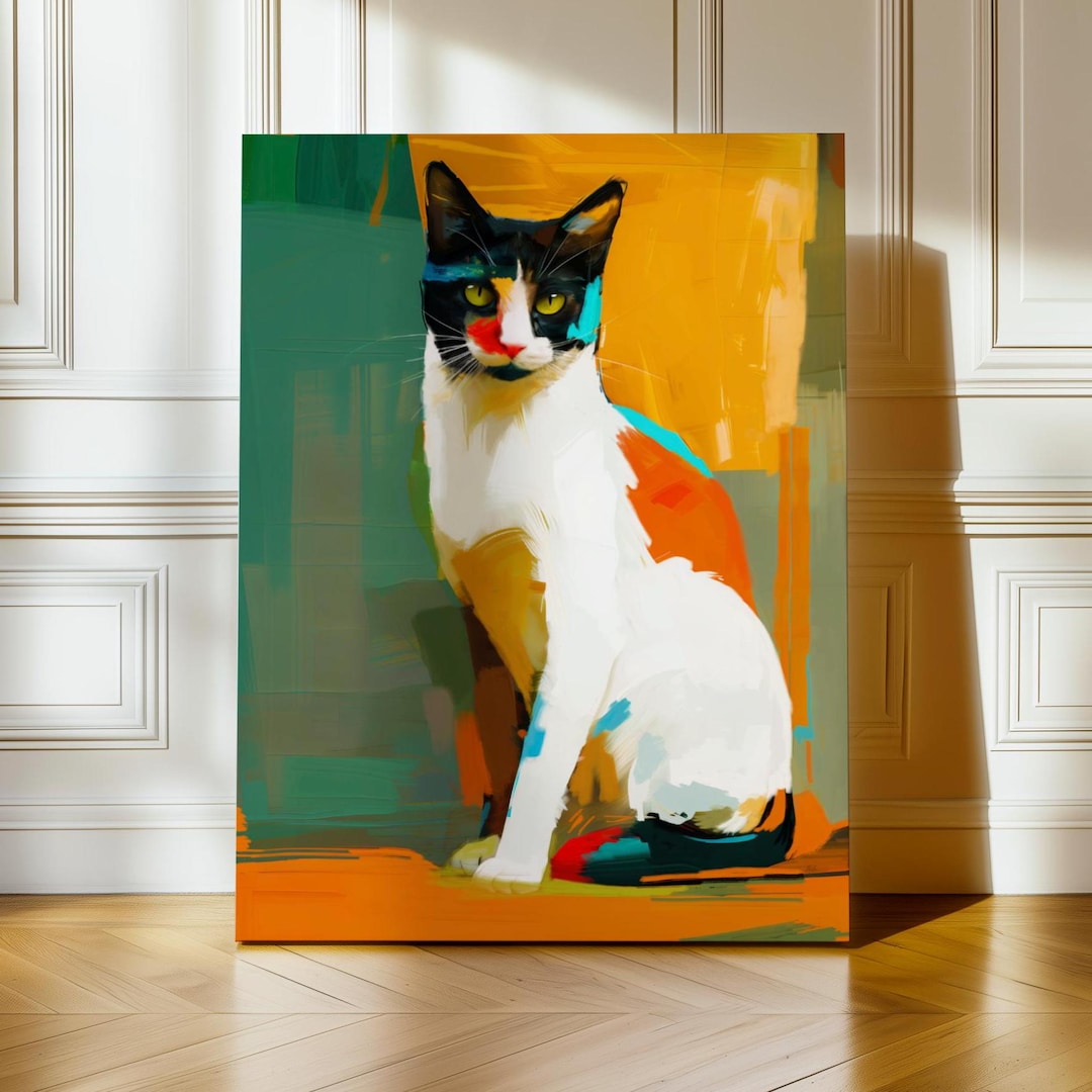 Modern Cat Wall Art, Vibrant Abstract Cat Painting, Bold Colorful Home ...