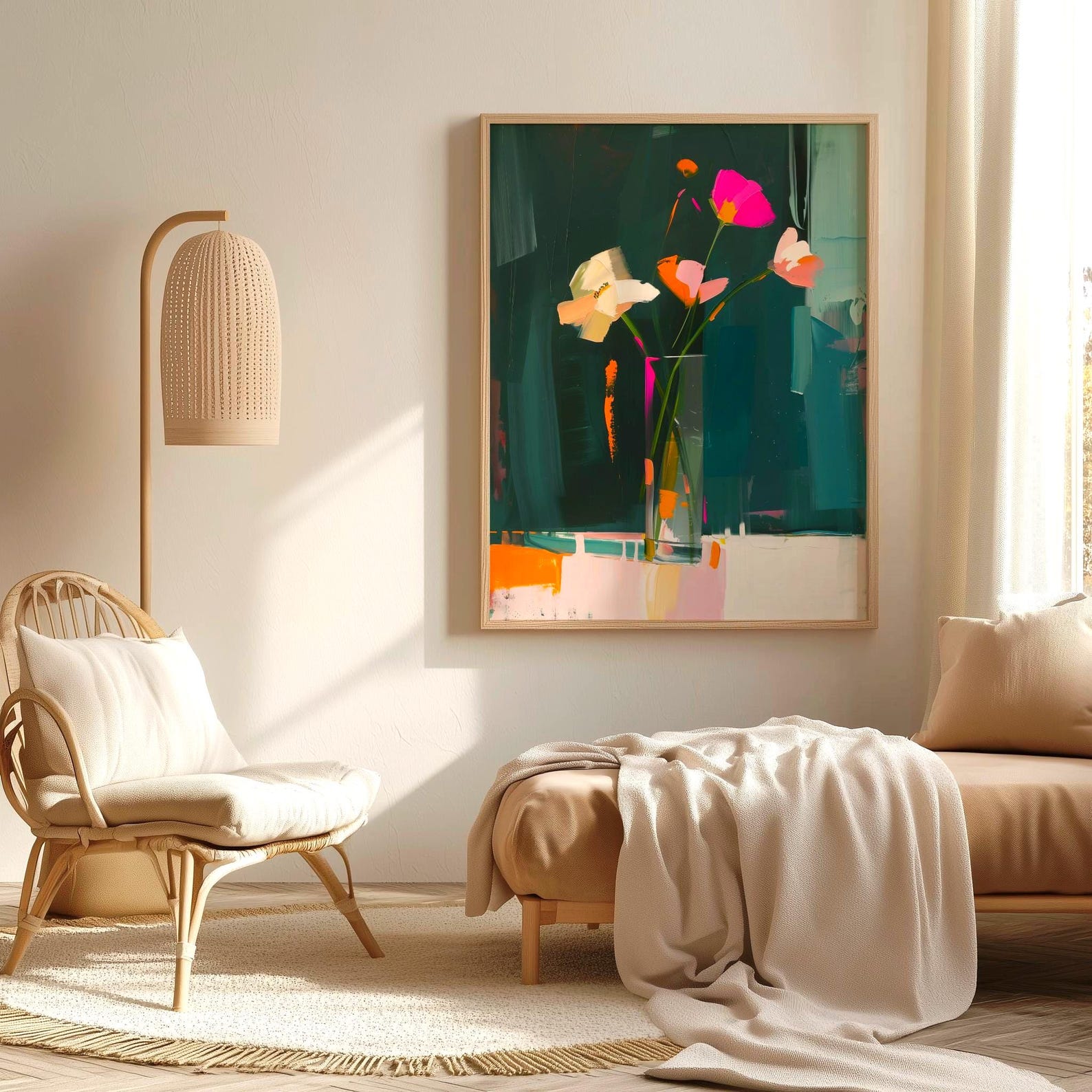 Modern Floral Wall Art Print, Vibrant Vase Flowers on Dark Background ...