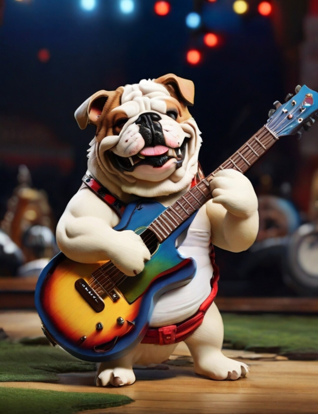 Bulldog Art, Dog in Concert, Dog Playing a Guitar, Happy Dog, Smiling ...