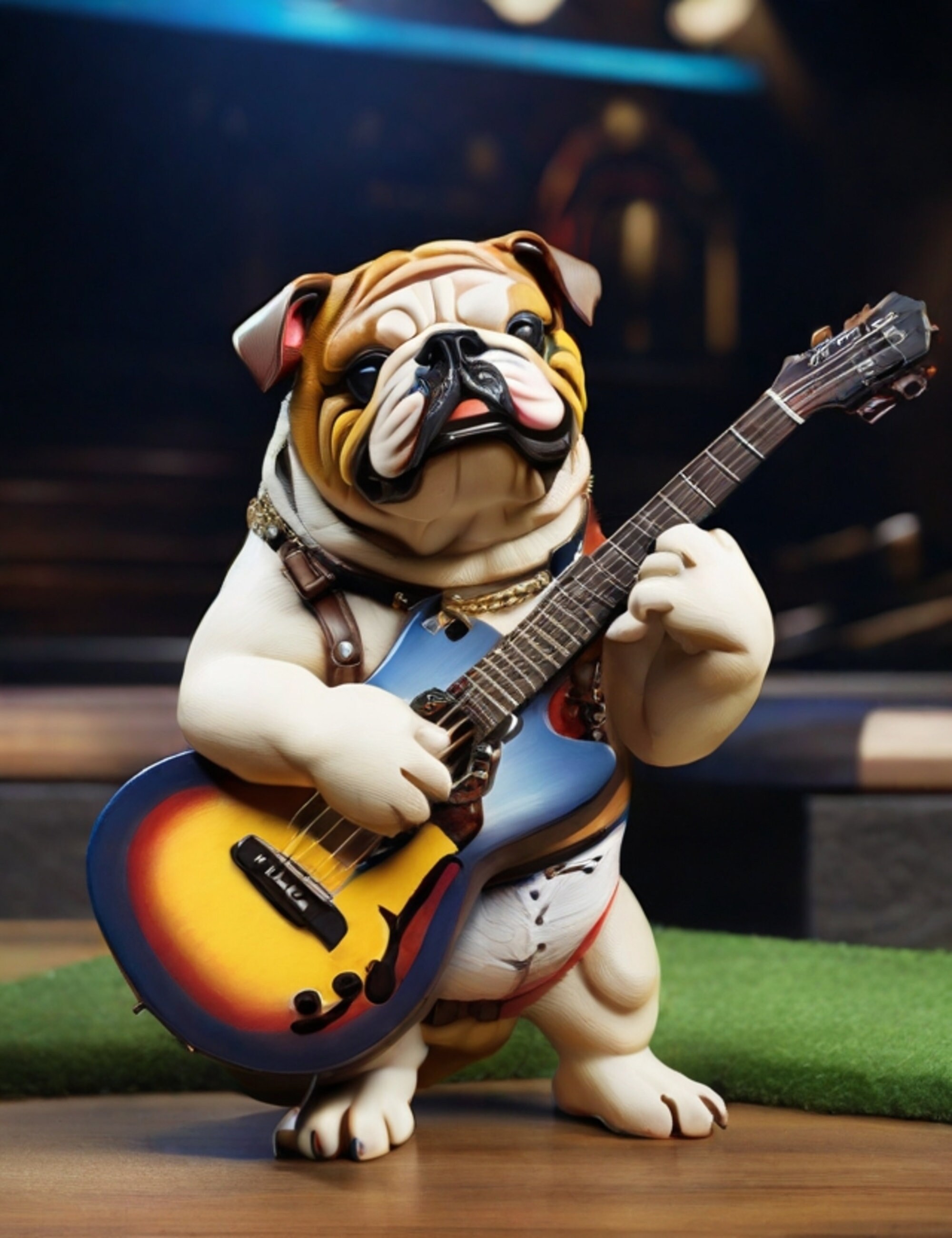 Bulldog Art, Dog in Concert, Dog Playing a Guitar, Happy Dog, Smiling ...
