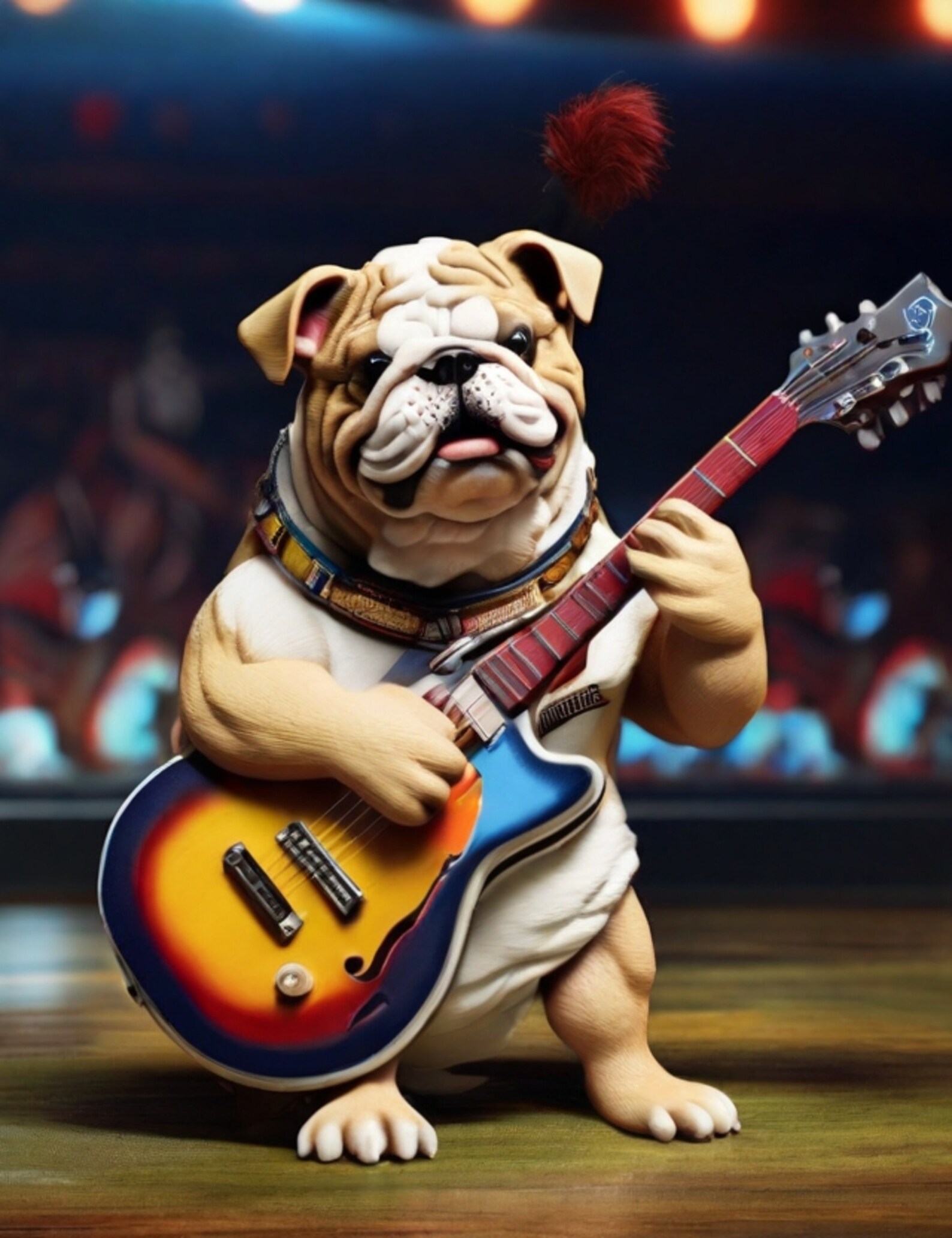 Bulldog Art, Dog in Concert, Dog Playing a Guitar, Happy Dog, Smiling ...