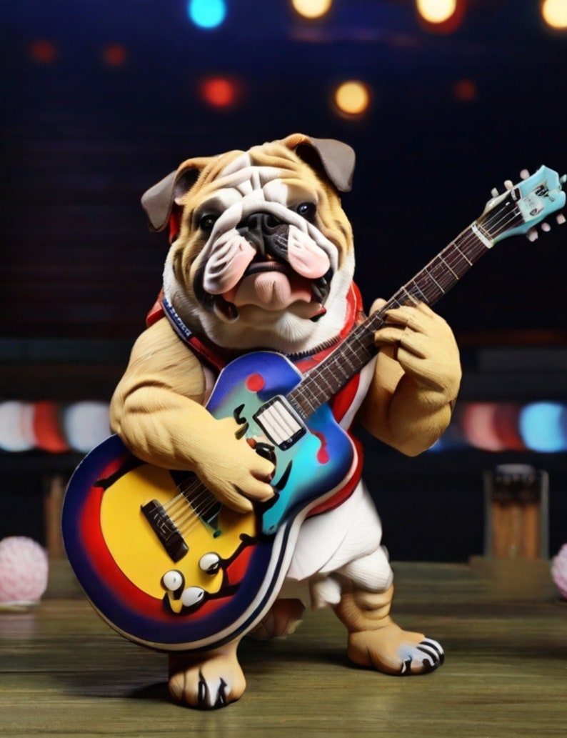 Bulldog Art, Dog in Concert, Dog Playing a Guitar, Happy Dog, Smiling ...