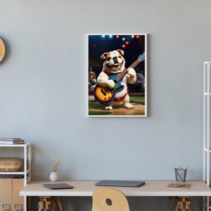 Bulldog Art, Dog in Concert, Dog Playing a Guitar, Happy Dog, Smiling ...