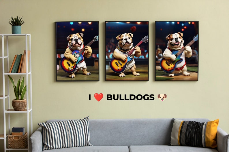Bulldog Art, Dog in Concert, Dog Playing a Guitar, Happy Dog, Smiling ...