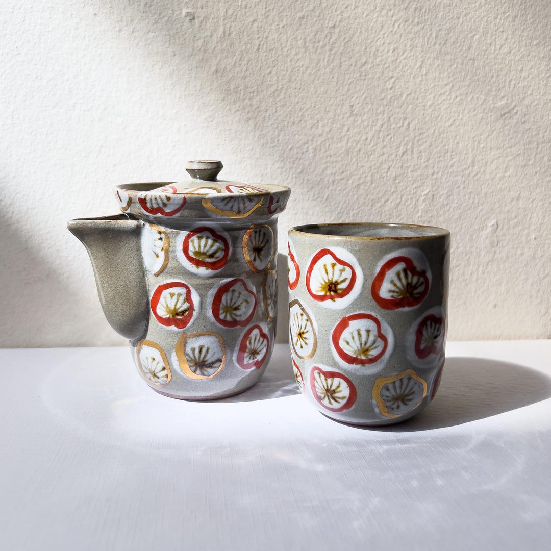 Vintage Japanese Ceramic Tea Set: Hand-painted Plum & Gold Teapot, Cup ...