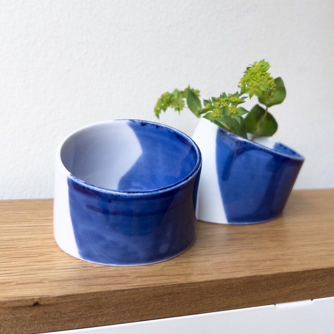 Handmade Minimal Tilted Tea Cup 5oz Hand-glazed Blue & White Porcelain ...