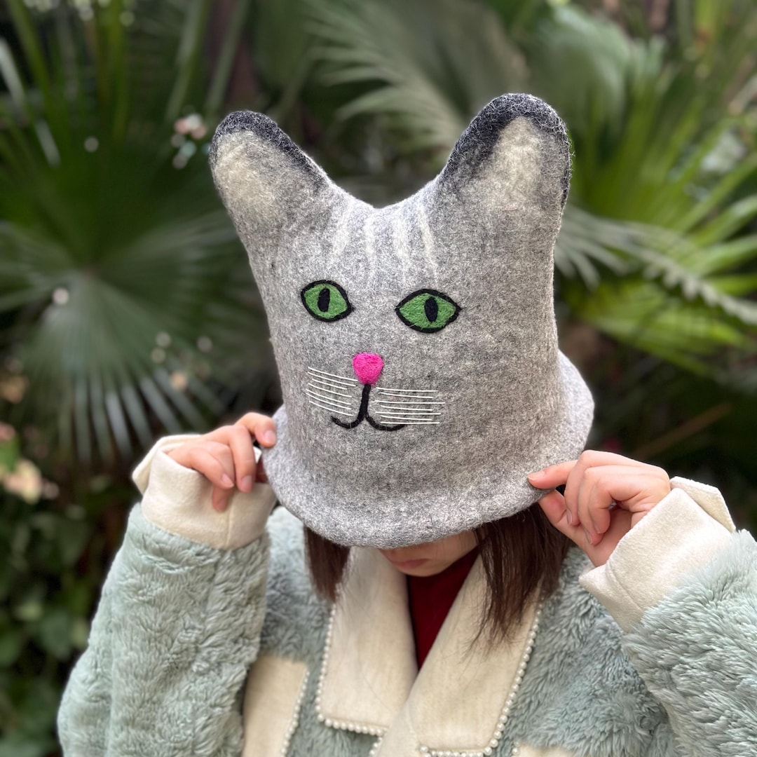 Gray Wool Felted Hat, Cat Hat, Animal Hat, Cartoon Hat, Sauna Hat ...