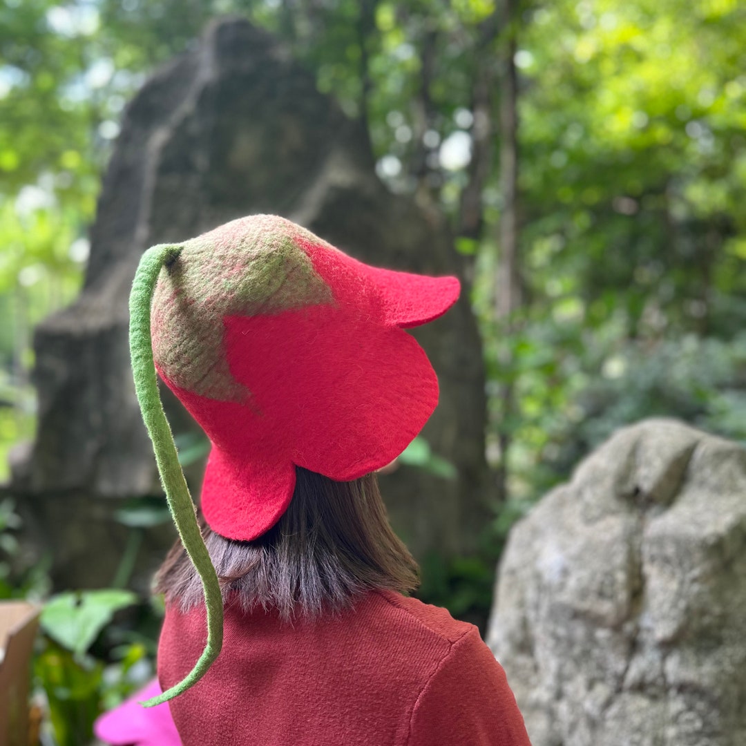 Red Flower Wool Felt Hat, Pink Flower Wool Felt Hat, Fairy Hat, Cosplay ...