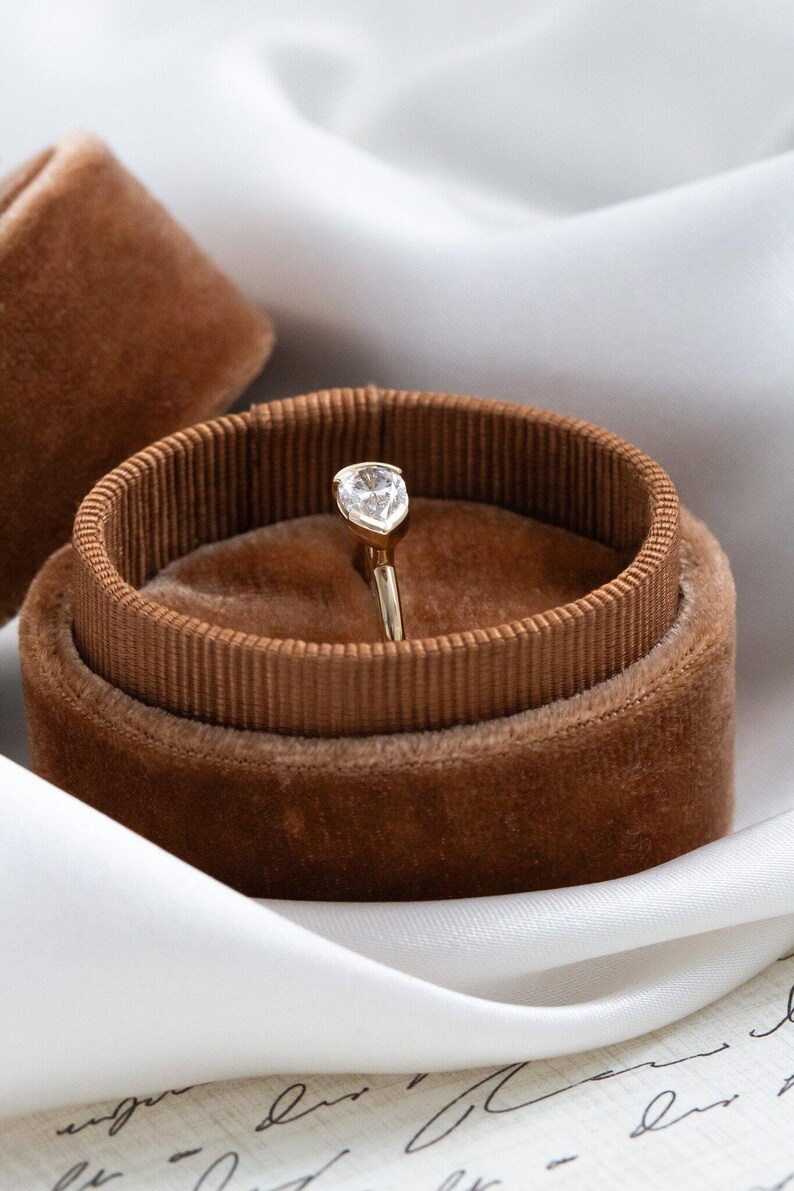 1.0CT Pear Moissanite Engagement Ring: 10K Gold Half Bezel Solitaire - Etsy